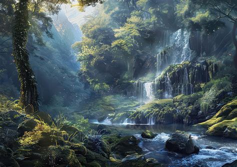 A Serene Forest Scene With Waterfall Lush Greenery And Soft Sunlight Filtering Through Trees