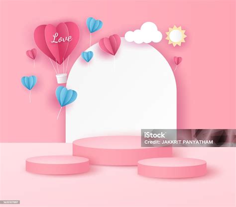 제품 발표 브랜딩 포장 및 종이 접기 종이 하트가 있는 분홍색 배경의 홍보를 위한 연단 또는 스탠드 디스플레이 벡터