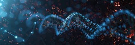 a 3d depiction of a dna strand is animated with flowing digital data showcasing binary code and