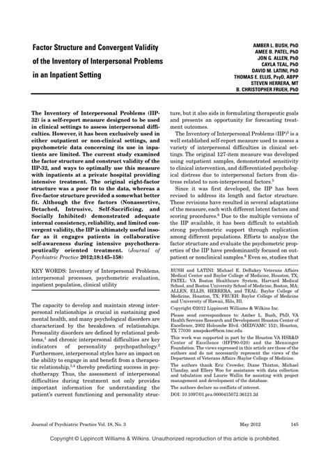 Pdf Factor Structure And Convergent Validity Of The Inventory Of Interpersonal Problems In An