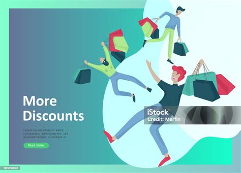 방문 페이지 템플릿입니다 판매 미친 할인 시즌 종료 구매와 함께 쇼핑 백을 들고 실행 하는 사람들 상점에서 계절 세일에 광기 만화 Html에 대한 스톡 벡터 아트 및 기타