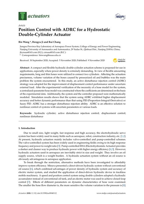 Pdf Position Control With Adrc For A Hydrostatic Double Cylinder Actuator