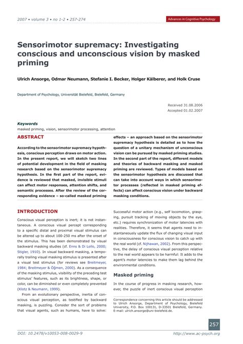 Pdf Sensorimotor Supremacy Investigating Conscious And Unconscious