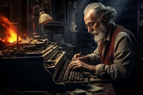 Premium AI Image Man Tirelessly Worked On His Novel Typing Away At His Computer
