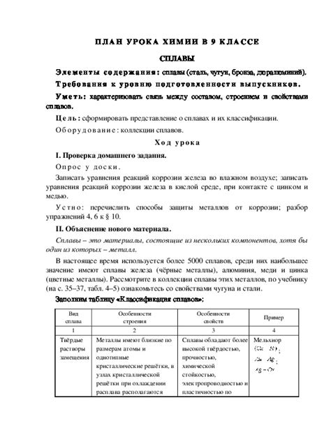 ПЛАН УРОКА ХИМИИ В 9 КЛАССЕ СПЛАВЫ Область знаний химия Тип материала разработки уроков