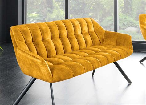 Banquette 3 Places En Tissu Velours Jaune Moutarde