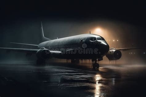 Airplane At The Airport At Night In The Rain Neural Network Ai Generated Stock Illustration