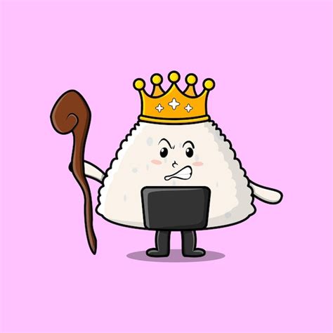 황금 왕관과 나무 막대기를 가진 현명한 왕으로 귀여운 만화 쌀 일본 스시 마스코트 프리미엄 벡터