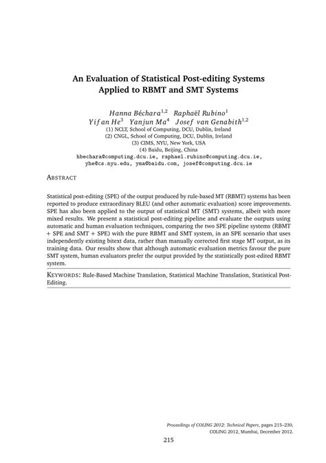 Pdf An Evaluation Of Statistical Post Editing Systems Applied To Rbmt And Smt Systems