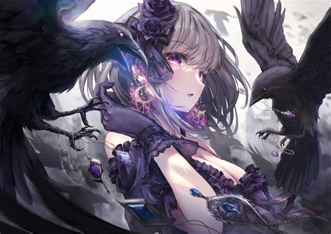 Looking At Viewer Missile228 Anime Anime Girls Birds Raven Flower