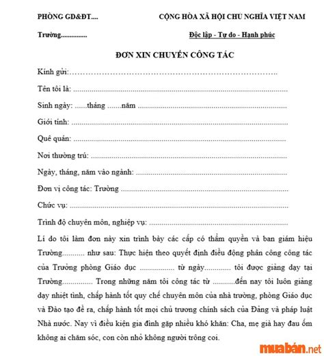 Các mẫu đơn xin chuyển công tác
