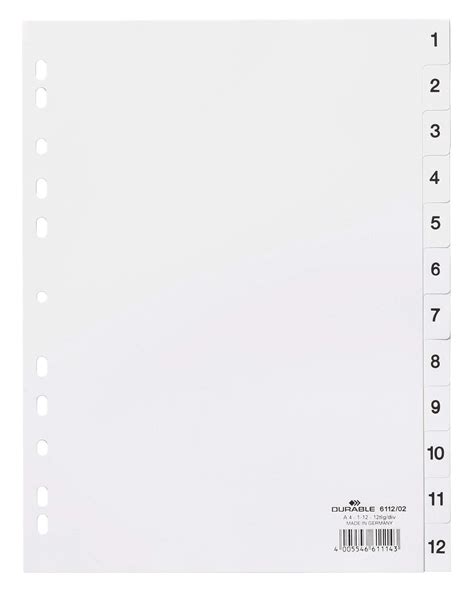 Durable 12 Part Numbered Tab Reinforced Punched Index Divider A4 W Weedfabricdirect