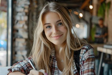 A Girl With Blonde Hair Smiling At The Camera Premium Ai Generated Image