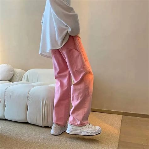 2022 새로운 패션 핑크 헐렁한 남자화물 청바지 바지 우아한 스트레이트 캐주얼 여성 솔리드 롱 바지 Y2k 옷 Pantalon