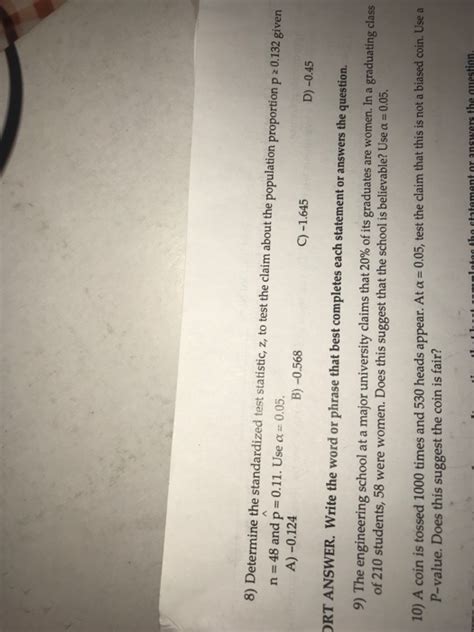 Solved 8 Determine The Standardized Test Statistic Z To