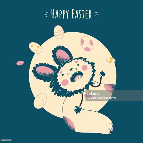 행복한 부활절귀엽고 재미있는 고양이 토끼 토끼 귀와 부활절 달걀을 가진 고양이 엽서 인쇄 배너 토끼 토끼vector 4월에 대한 스톡 벡터 아트 및 기타 이미지 Istock