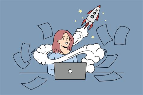 motivated businesswoman working on computer launch startup smiling