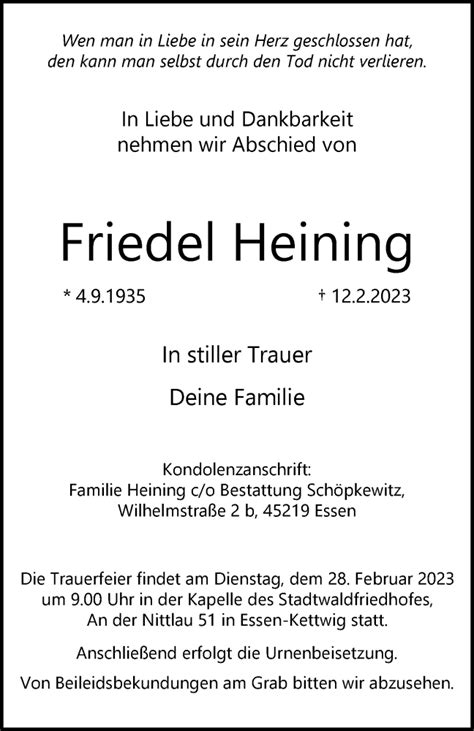 Traueranzeigen Von Friedel Heining Trauer In Nrw De