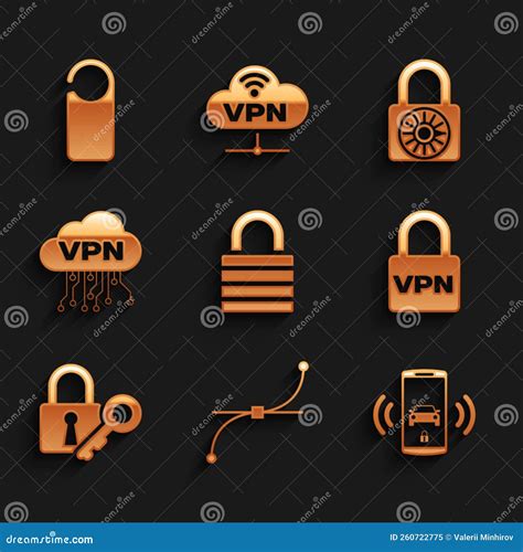 Set Lock Bezier Curve Smart Car Alarm System Vpn And Key And Cloud Interface Icon Vector
