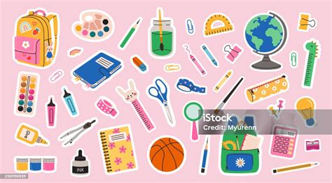 학교 문구 스티커 세트입니다 벡터 일러스트 레이 션 학교로 돌아 가기 0명에 대한 스톡 벡터 아트 및 기타 이미지 0명 개체 그룹 고정됨 Istock