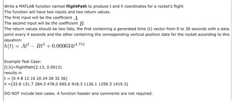 Solved Write A MATLAB Function Named FlightPath To Produce T Chegg