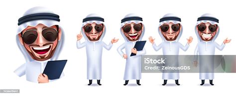 아랍 남자 캐릭터 벡터 세트 디자인 사우디 남자는 흰색 배경에 고립 된 선글라스 컬렉션과 함께 멋진 잘 생긴 캐릭터 개체 그룹에 대한 스톡 벡터 아트 및 기타 이미지