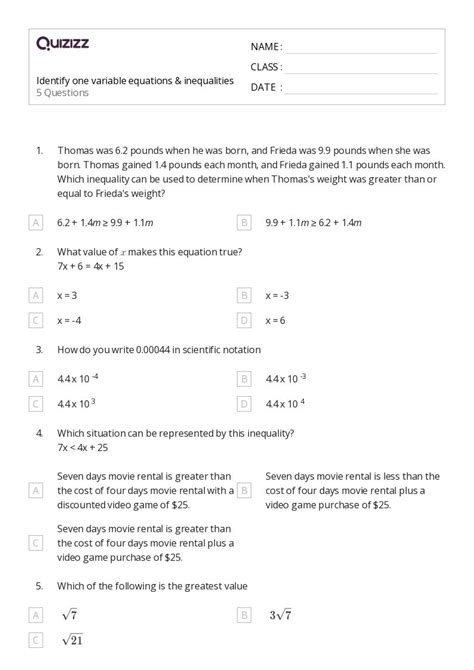 50 One Variable Equations Worksheets For 7th Grade On Quizizz Free And Printable