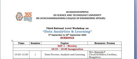 Workshop On Data Process Analysis And Learning At Jss Science And