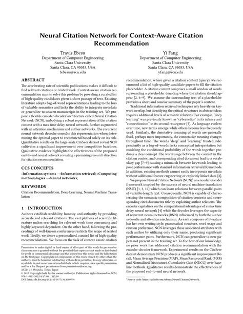 Pdf Neural Citation Network For Context Aware Citation Recommendation