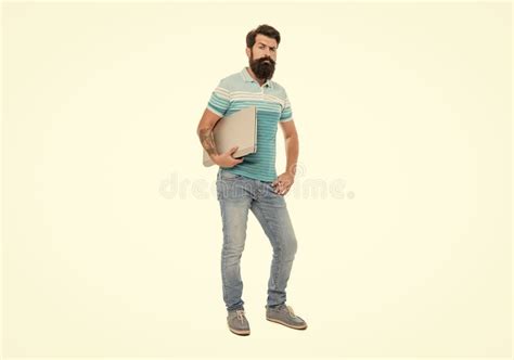 serious developer isolated on white bearded man developer holding