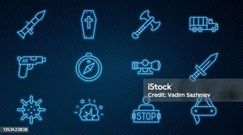 세트 라인 스위스 군용 칼 검 전쟁 도끼 나침반 권총 총 로켓 발사기 스나이퍼 광학 광경과 십자가 아이콘관 벡터 강철에 대한 스톡 벡터 아트 및 기타 이미지 Istock