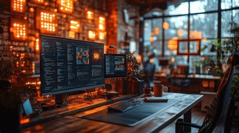 Cozy Workspace With Dual Monitors And Ambient Lighting Premium Ai Generated Image