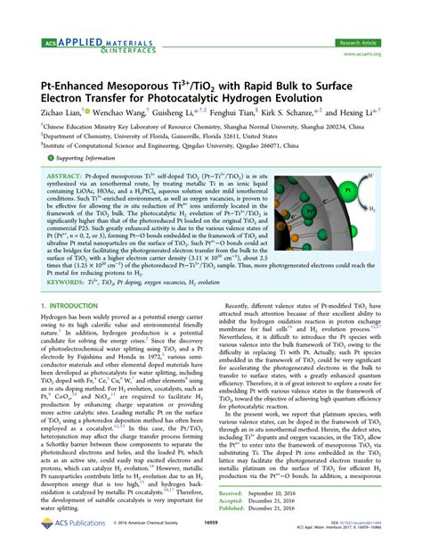 Pdf Pt Enhanced Mesoporous Ti3 Tio2 With Rapid Bulk To Surface Electron Transfer For