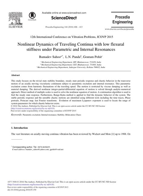 Pdf Nonlinear Dynamics Of Traveling Continua With Low Flexural Stiffness Under Parametric And