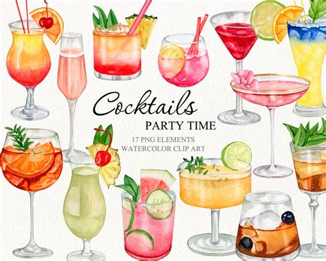 Watercolor Cocktails Clipart Alcoholic Drinks Png Summer Party Etsy