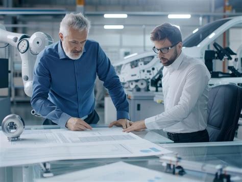 Car Factory Project Planning Engineers Discussing Scheme Robotic Arm