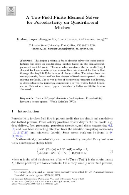 Pdf A Two Field Finite Element Solver For Poroelasticity On