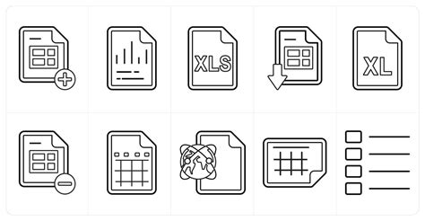 a set of 10 mix icons as add sheet graph excel sheet in black line