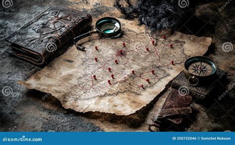 Exploring Ancient Cartography Map Terrain Flat Lay Photography Rustic Setting Overhead View