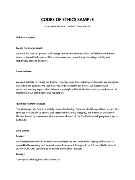 Codes Of Ethics Sample Pdf Fashion Employment