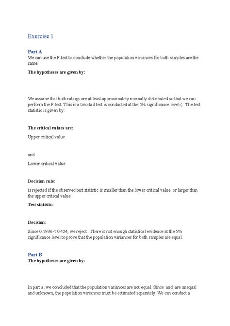 Qm2 Assignment 2 Exercise 1 Part A We Can Use The F Test To Conclude