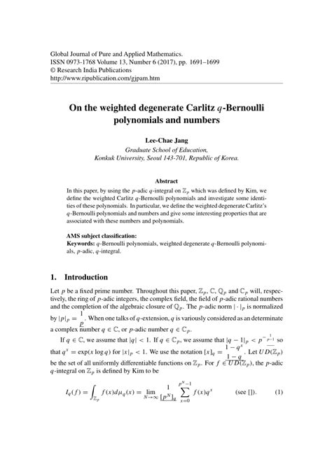Pdf On The Weighted Degenerate Carlitz Q Bernoulli Polynomials And Numbers