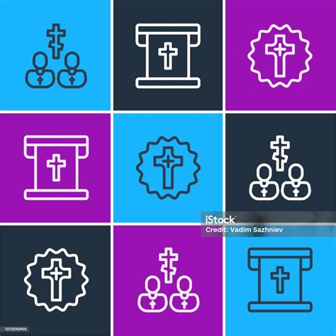 기독교 아이콘과 세트 라인 사제 기독교 십자가와 플래그 벡터 가공의 인물에 대한 스톡 벡터 아트 및 기타 이미지 가공의 인물 고풍스런 교회 Istock