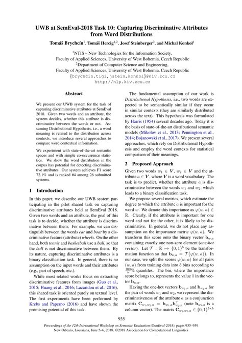 Pdf Uwb At Semeval 2018 Task 10 Capturing Discriminative Attributes From Word Distributions