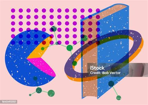 책과 다채로운 기하학적 모양 트렌디한 리소 그래프 디자인의 교육용 오브제 기하학 요소 추상 리소그래프 인쇄 질감 스타일 전문 기술에 대한 스톡 벡터 아트 및 기타 이미지