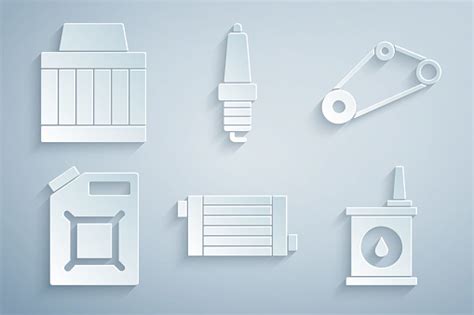 자동차 라디에이터 냉각 시스템 타이밍 벨트 키트 가솔린 용 캐니스터 모터 오일 점화 플러그 및 공기 필터 아이콘을 설정합니다 벡터 3차원 형태에 대한 스톡 벡터 아트 및