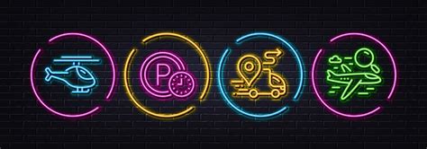 배달 주차 시간 및 헬리콥터 최소 라인 아이콘 웹 응용 프로그램의 경우 인쇄 네온 레이저 3d 조명 벡터 0명에 대한 스톡 벡터