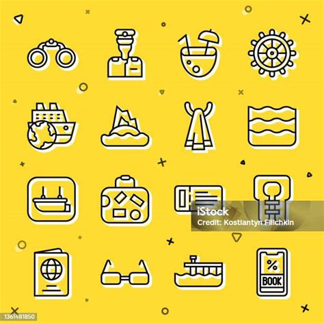 세트 라인 크루즈 티켓 구명 조끼 웨이브 코코넛 칵테일 바다 선박 쌍안경 및 수건 옷걸이 아이콘의 열대 섬 벡터 0명에 대한 스톡 벡터 아트 및 기타 이미지 Istock