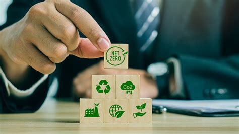 순 제로 및 탄소 중립 개념 순 제로 배출 목표 기후 중립 장기 전략 녹색 그물 중앙 아이콘과 녹색 아이콘으로 나무 블록을 손으로 넣을 준비가 되었습니다 온실 가스에 대한