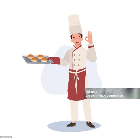 전체 길이의 미소 남성 요리사 캐릭터가 Ok 손 사인을 하고 있습니다 승인 제스처를 제공하는 요리사 플랫 벡터 만화 그림 기술에 대한 스톡 벡터 아트 및 기타 이미지